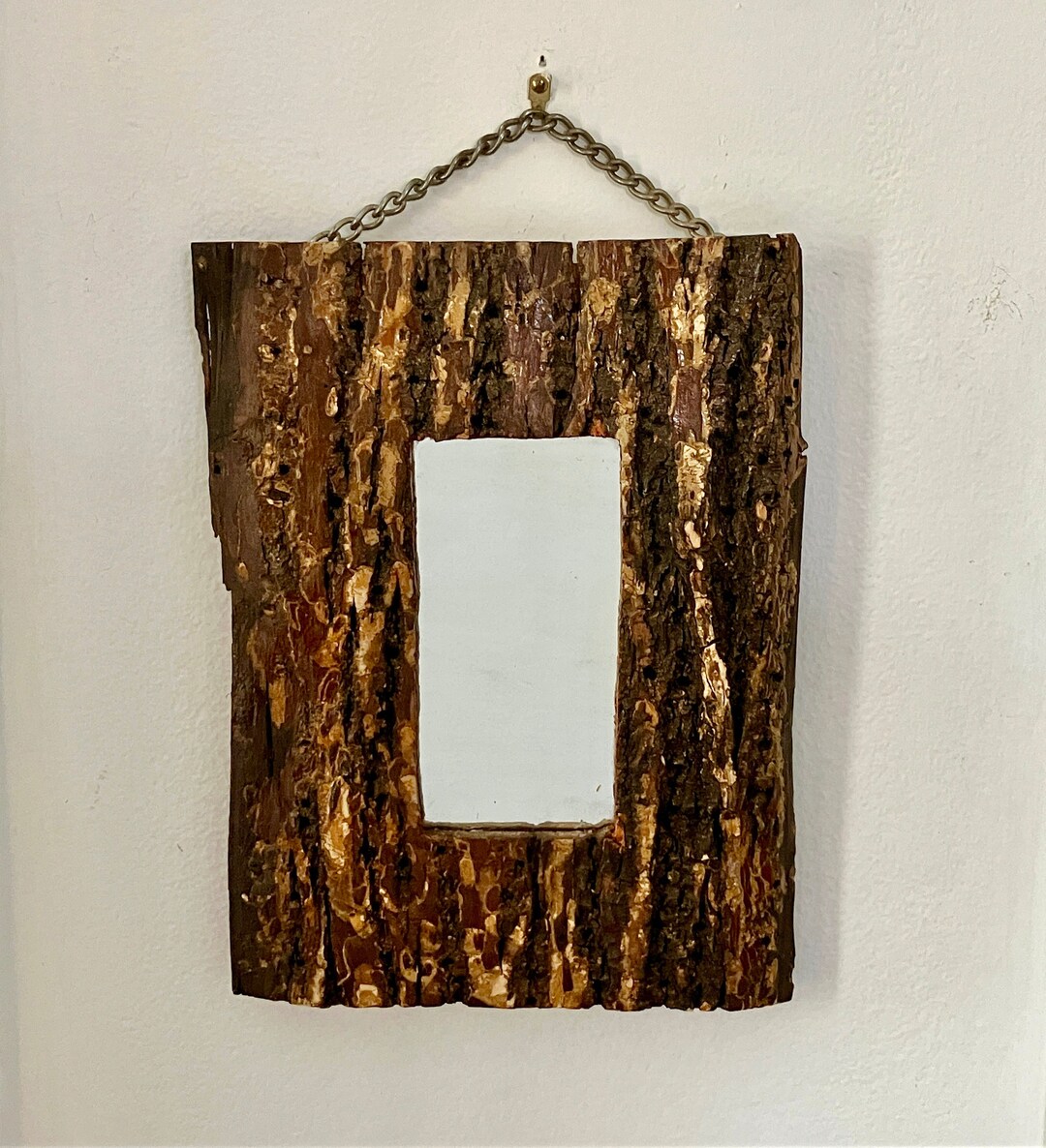 Vintage Folk Art Varnished Bark Wall Mirror With Chain Hanger, 9" X 12 ...