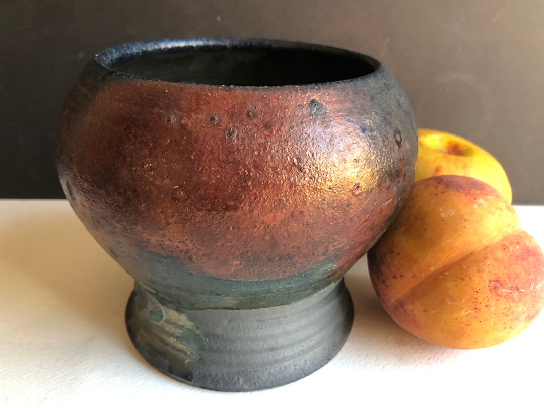 Vintage Studio Pottery Round Raku Vase, 5" Pedestal Vase, Organic ...