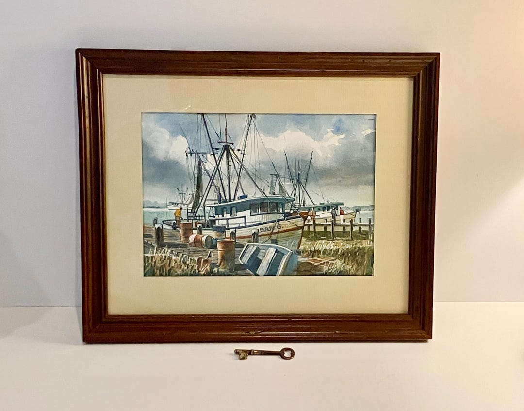 Vintage Harrel Gray Watercolor Painting: Louisiana Fishing Boat Art ...
