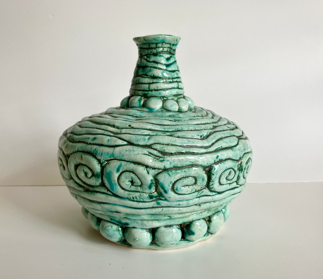 Vintage Hand Made Turquoise Coil Studio Pottery Vase, 6 1/4" Tall X 6 1 ...