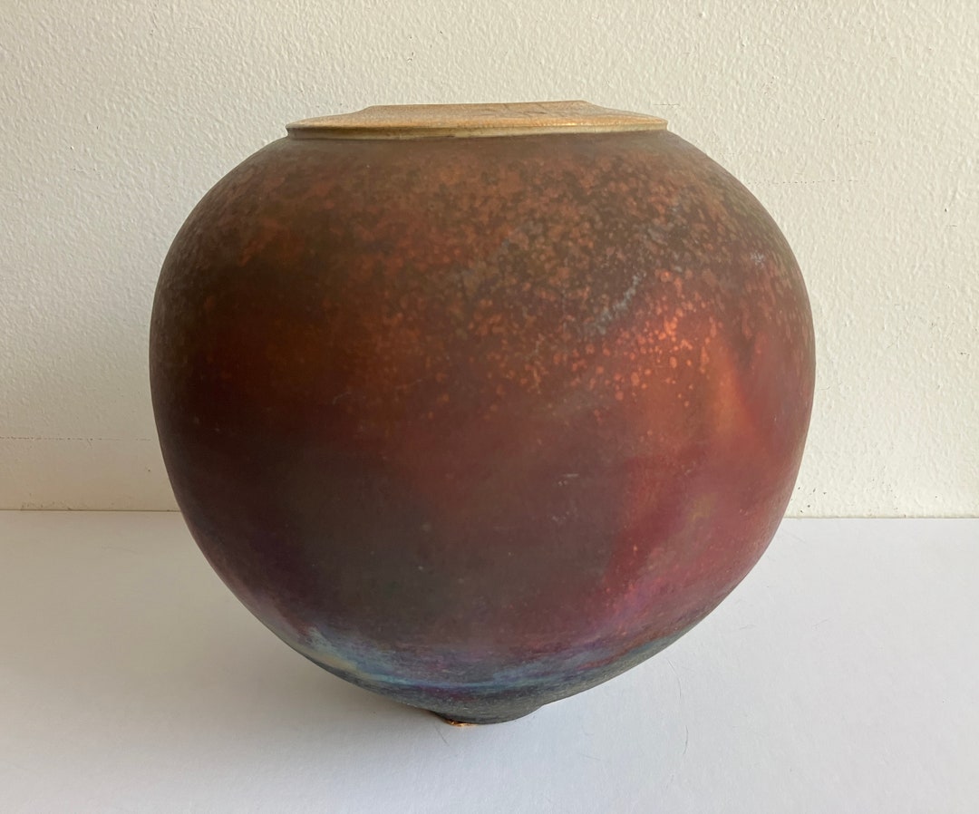 Signed Vintage Raku Pottery Vase: Red Metallic Band, Coastal Decor (9 1 ...