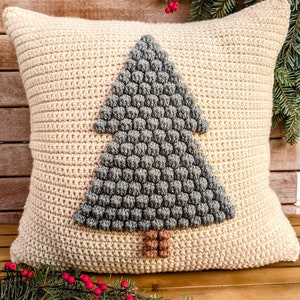 Crochet Pillow Pattern. Christmas Cushion Bobble Stitch Cover Xmas Tree ...