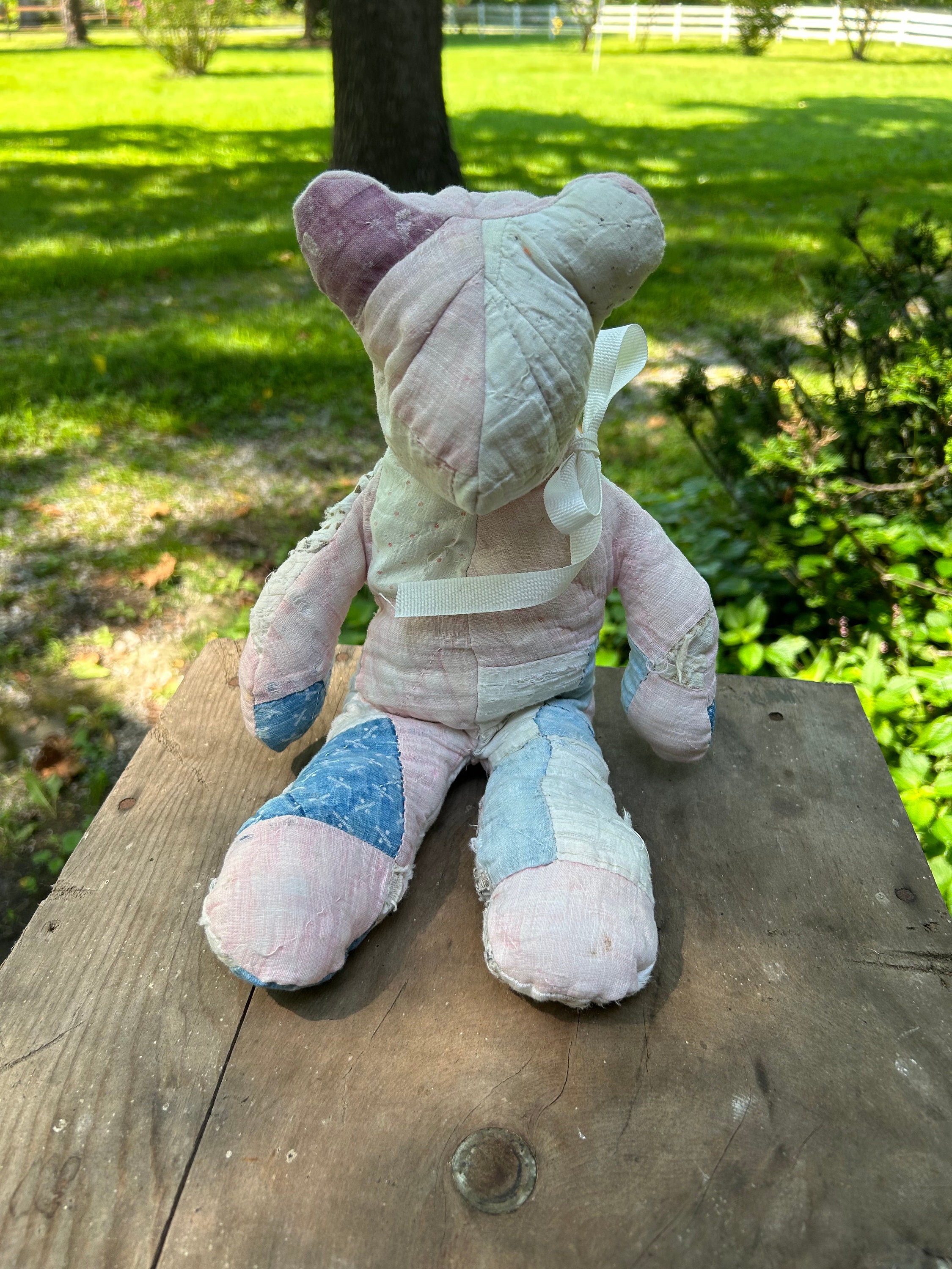 Vintage Quilted Bear, Farmhouse Decor, Primitive Decor, Quilt Bear, Cream Quilted Bear, Pink ...