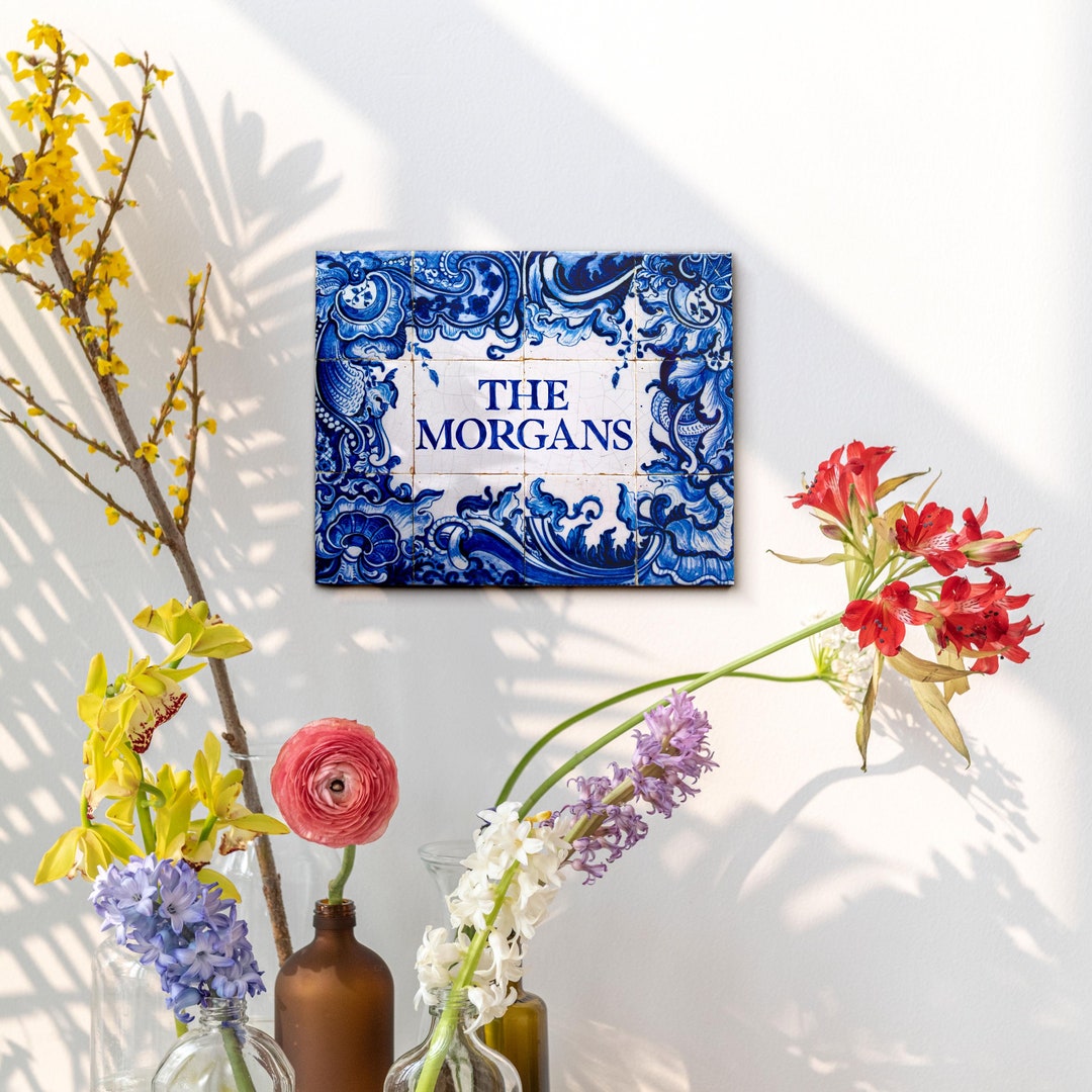 Personalized Delft Blue Ceramic Tile: Chinoiserie Family Name Sign - Etsy