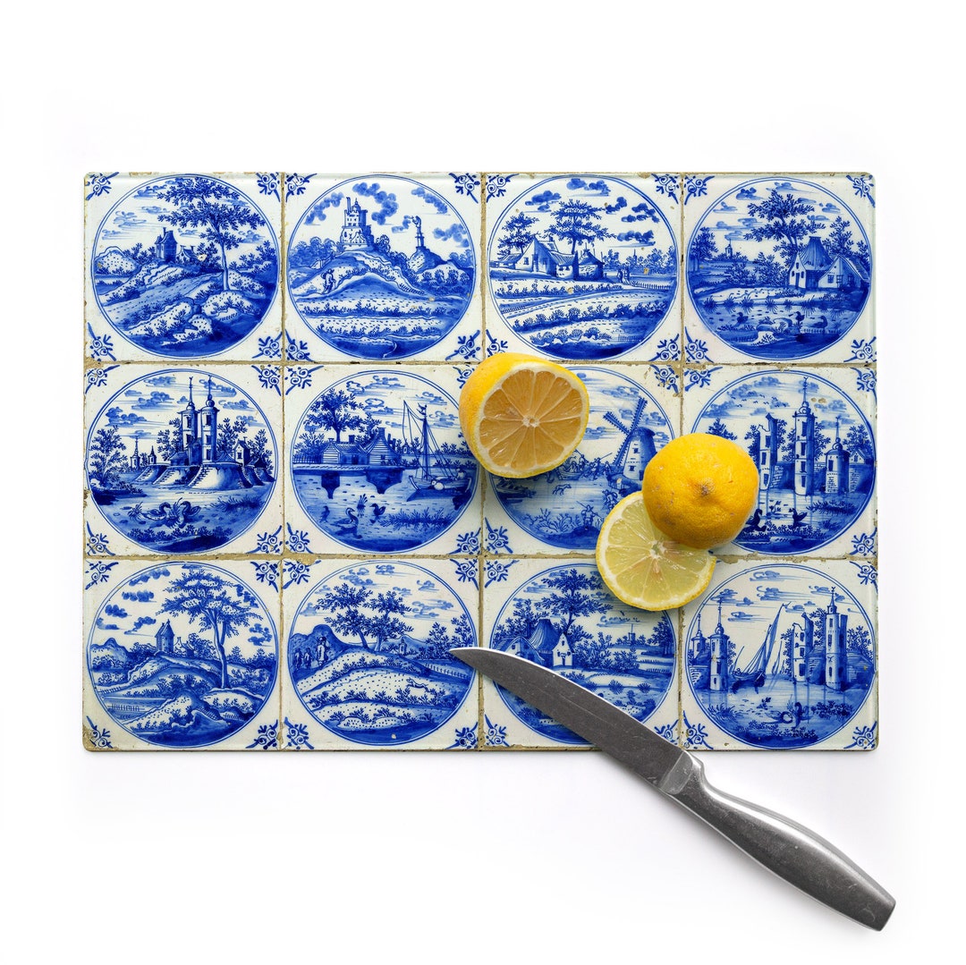 Blue and White Tiled Glass Chopping Board / Worktop Protector / Serving ...
