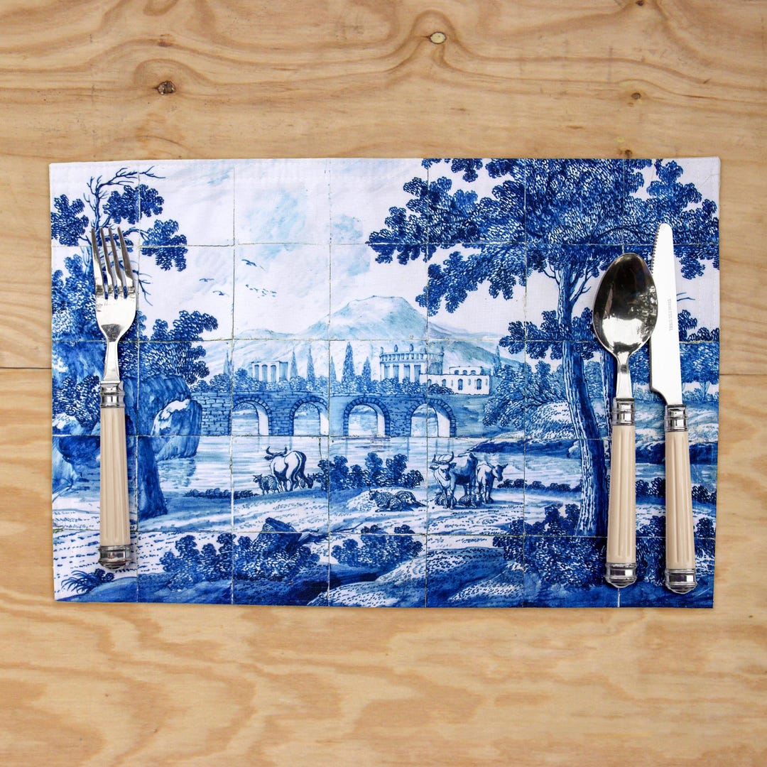 Blue and White, Vintage-style Printed Linen Placemats. Delft Blue ...