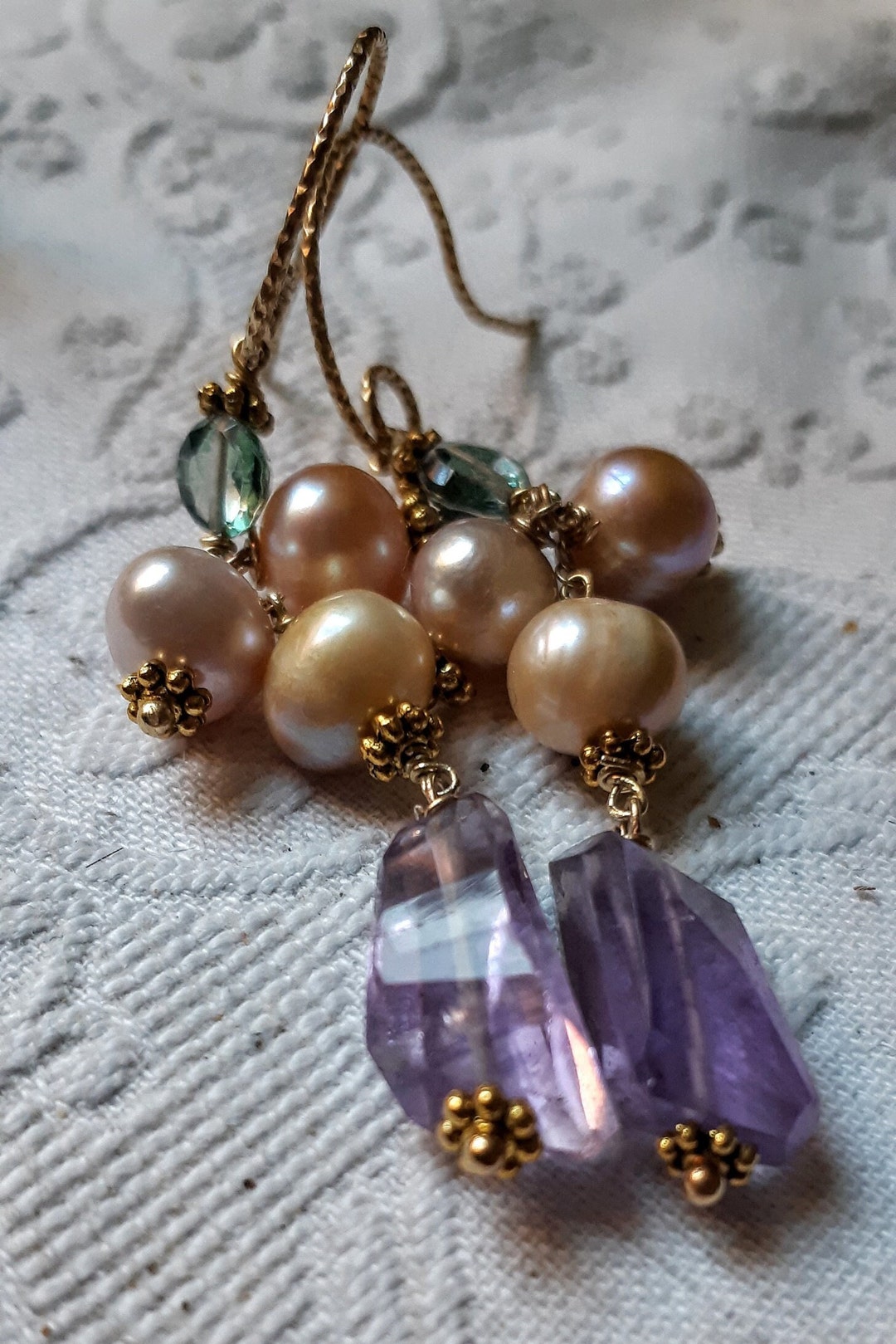 18k Gold Plated Silver Pendant Earrings, Pearls, Mystic Green Quartz ...