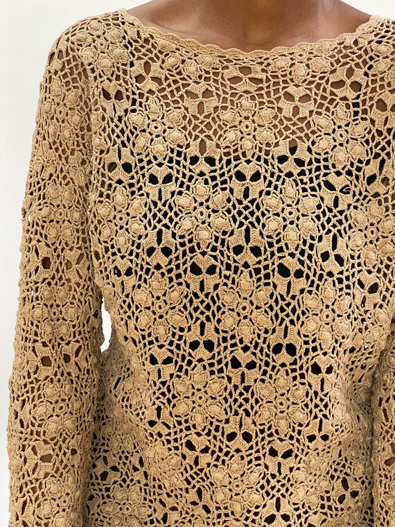 Vintage Beige Crochet Top/ Long sleeves crochet shirt… - Gem
