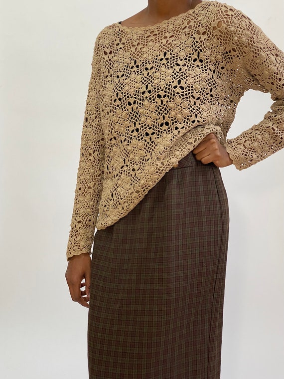 Vintage Beige Crochet Top/ Long sleeves crochet shirt… - Gem