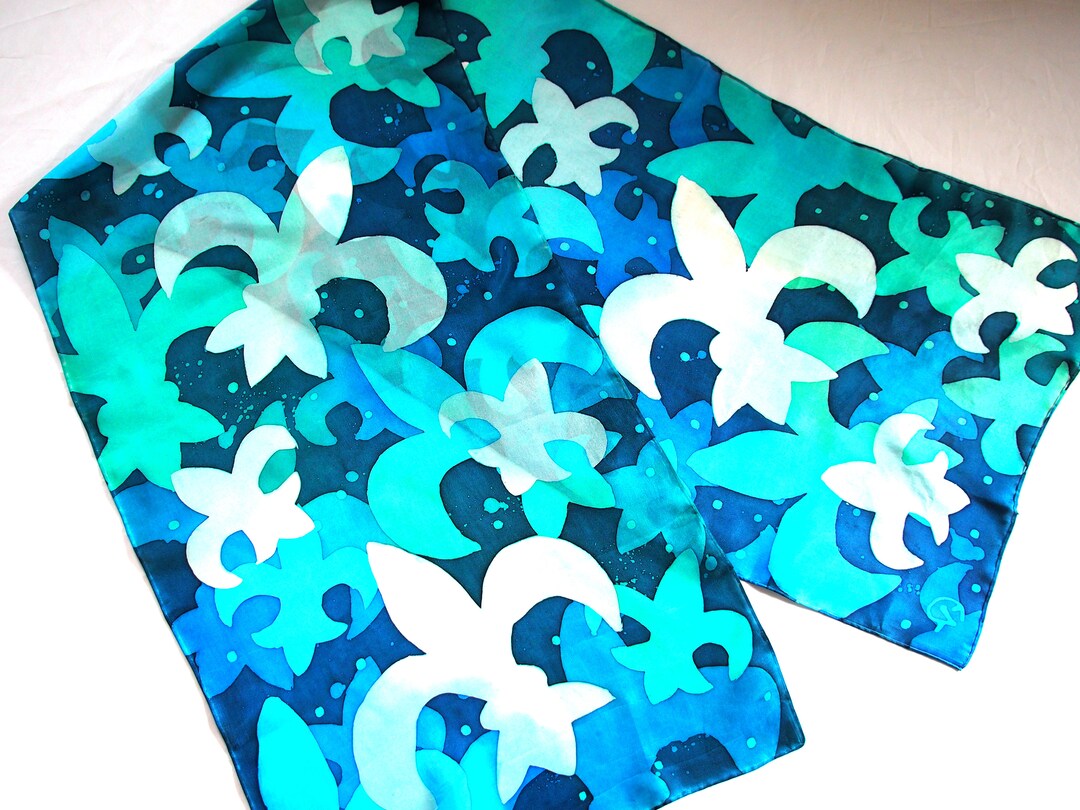 Fleur De Lis Hand-painted Batik Silk Scarf Mardi Gras or Green and Blue ...