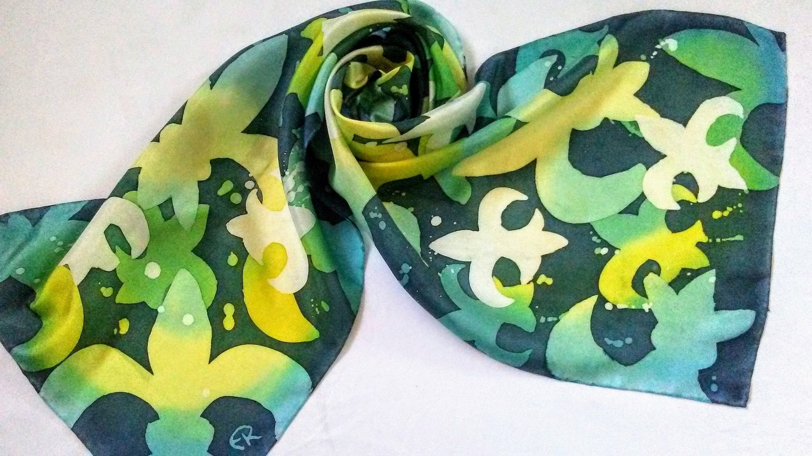 Fleur De Lis Hand-painted Batik Silk Scarf Mardi Gras or Green and Blue ...