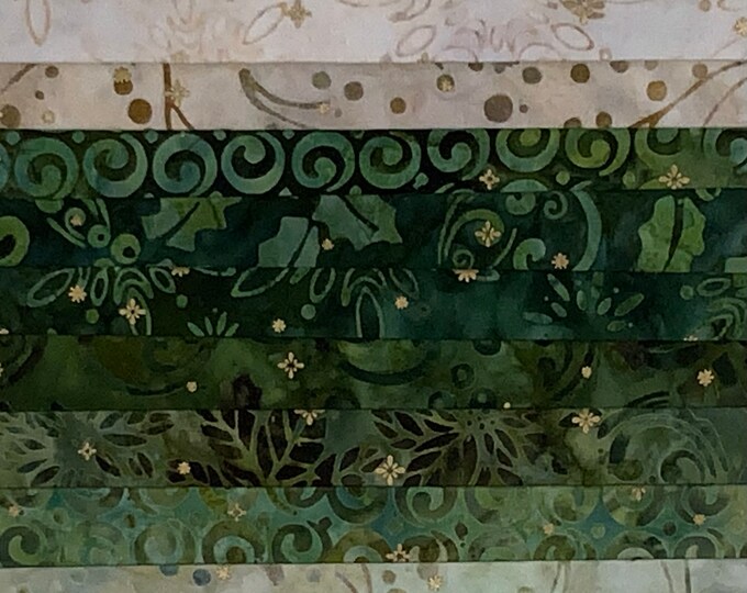 10 Fat Quarter Batik Sampler WINTER SPARKLE EVERGREEN Gold Metallic ...