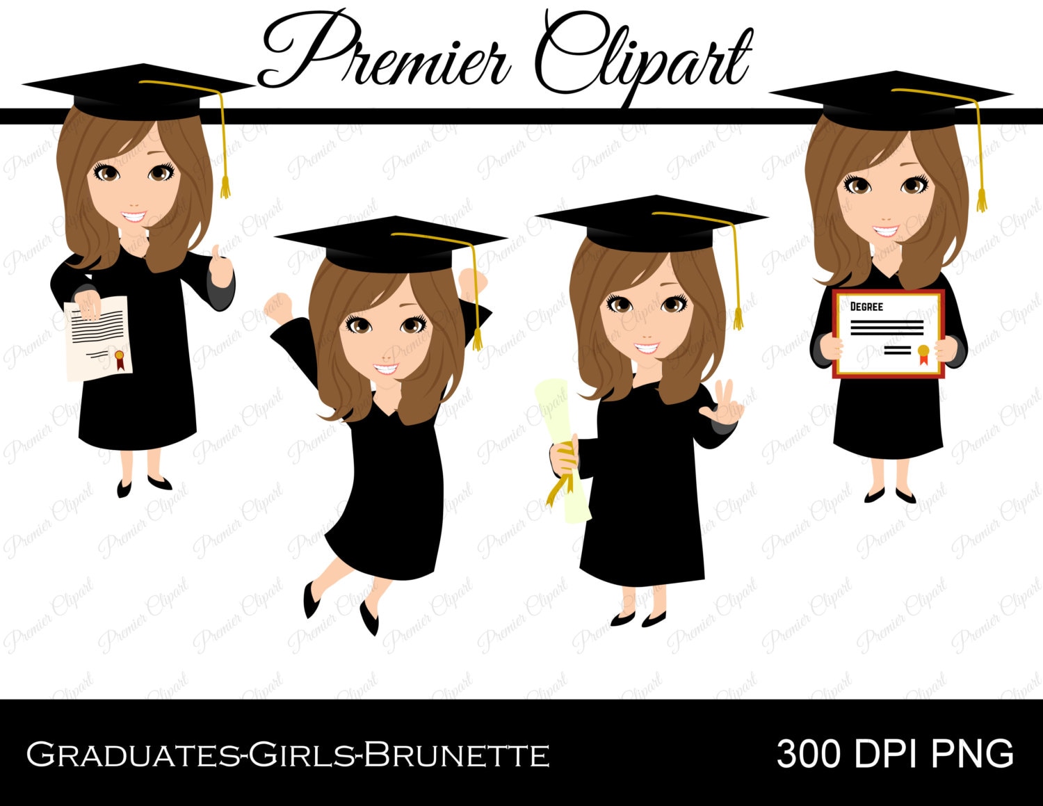 Graduate Girls with Brunette Hair Digital Clipart | Etsy