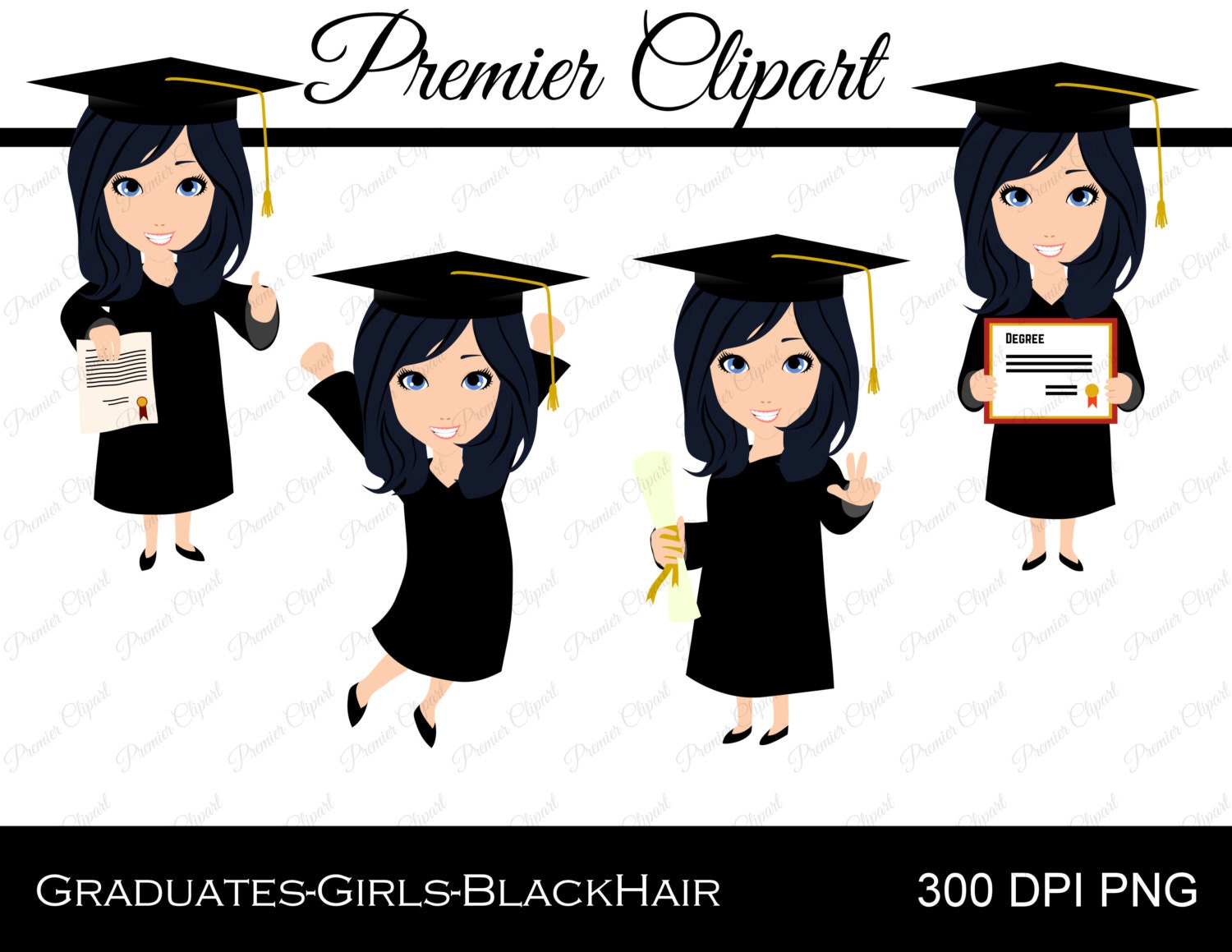 Graduate Girls With Black Hair Digital Clipart | Etsy