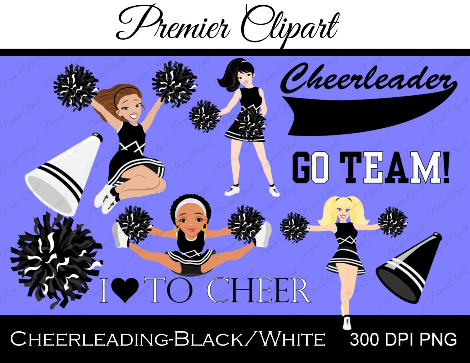 Cheerleading Black & White Digital Clipart - Etsy