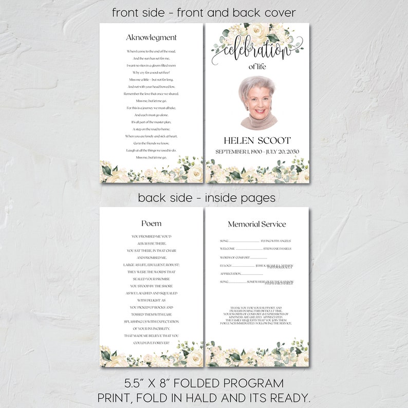 Celebration of Life Program Template Folded Funeral Program - Etsy