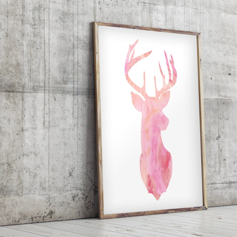 Pink watercolor print Pink deer Pink antlers Printable art | Etsy