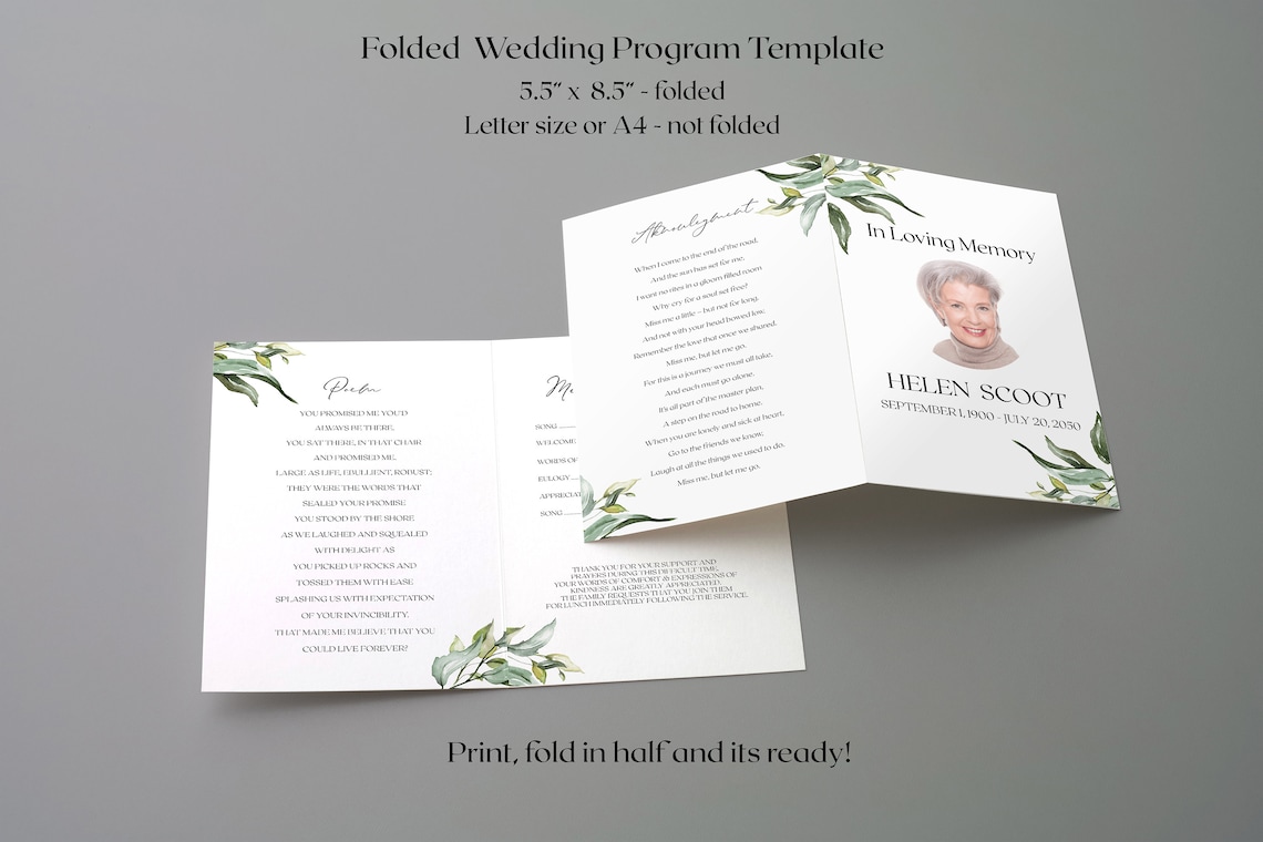 Funeral Program Template Folded Printable Funeral Program - Etsy