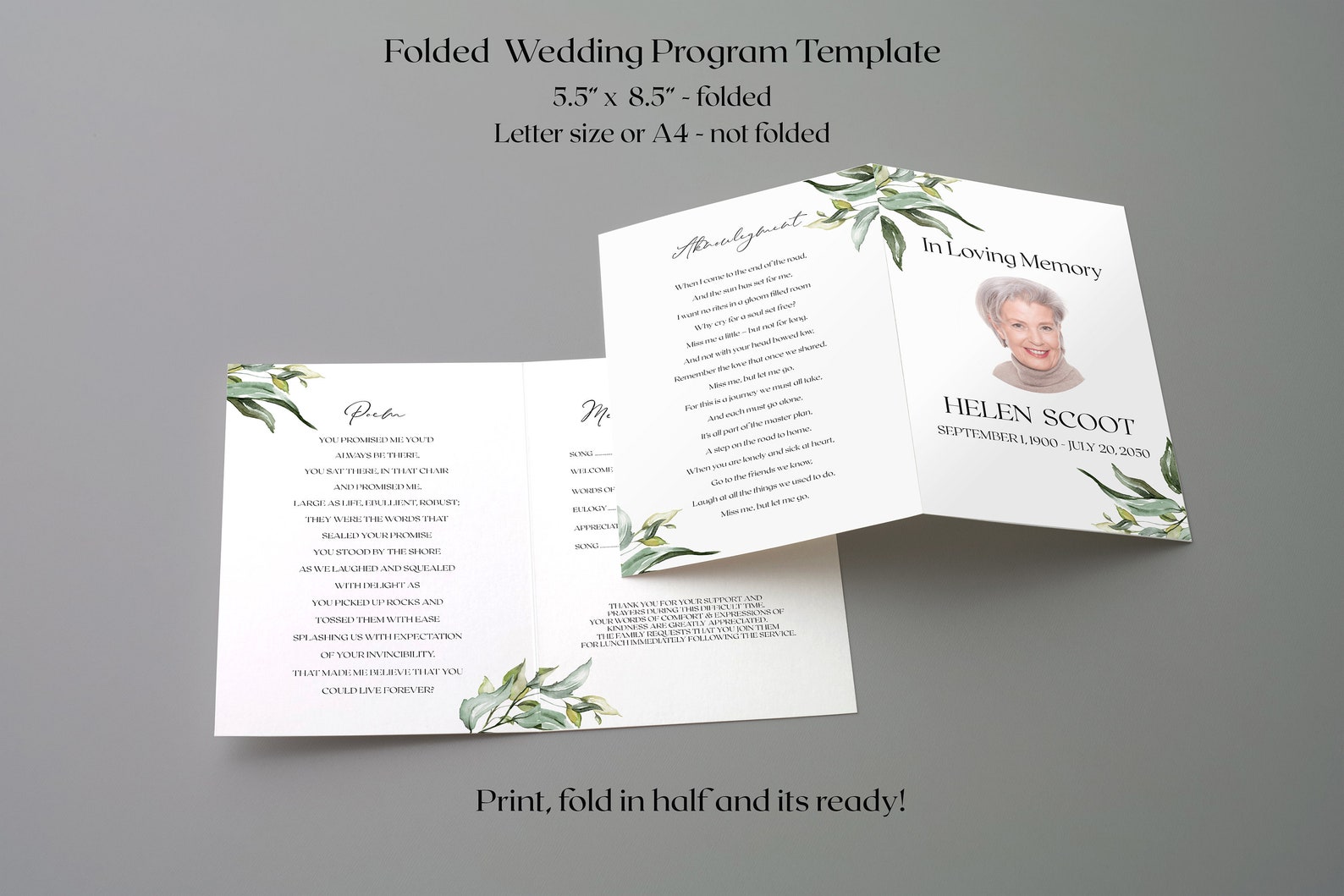 Funeral Program Template Folded Printable Funeral Program - Etsy