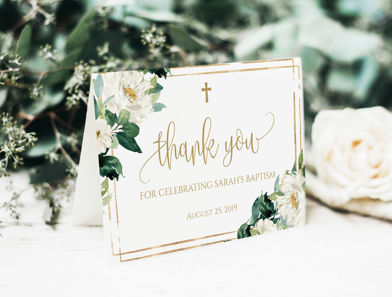 Gold Baptism Thank You Card Floral Baptism Decor Thank You | Etsy
