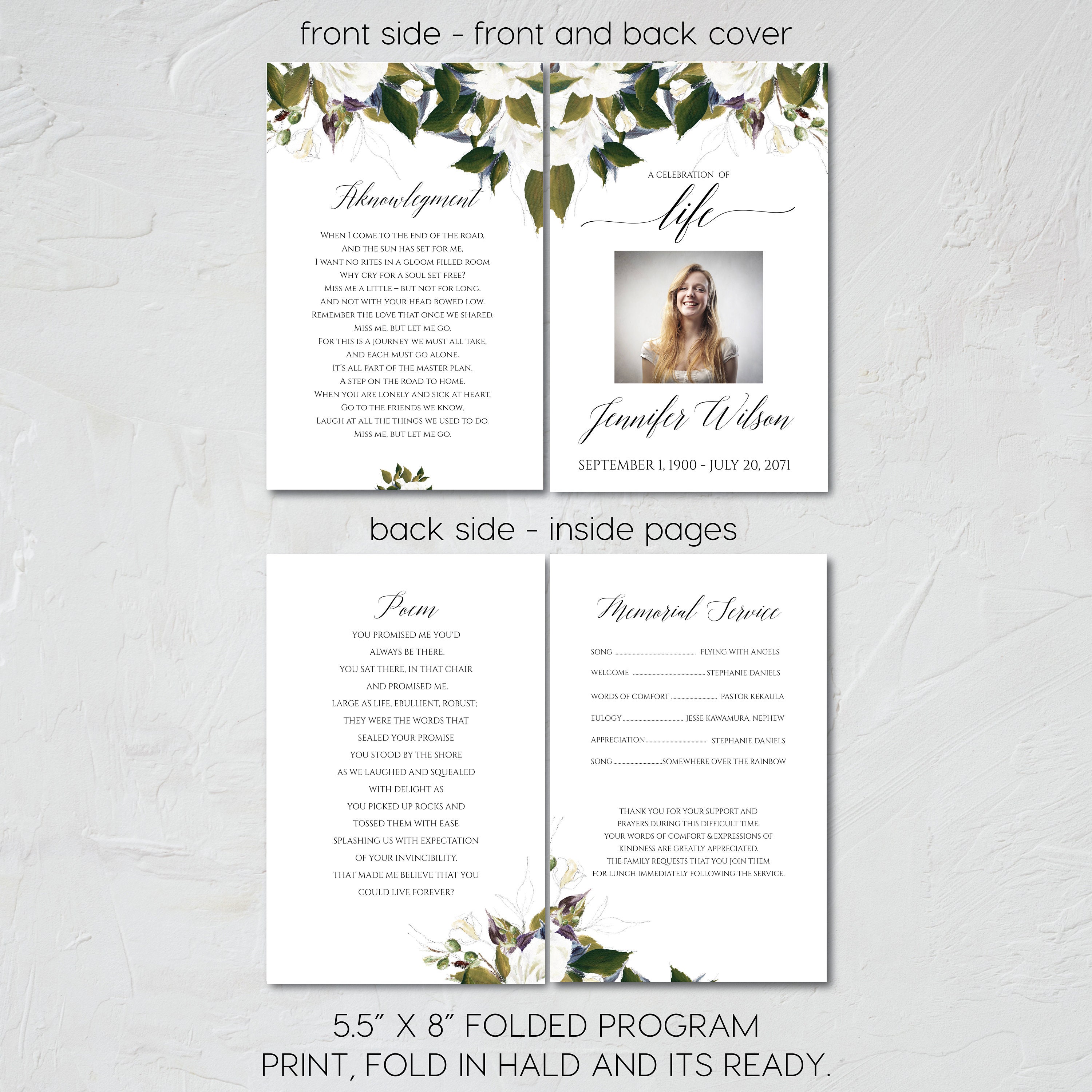 White Floral Funeral Program Template Celebration Of Life Etsy Images