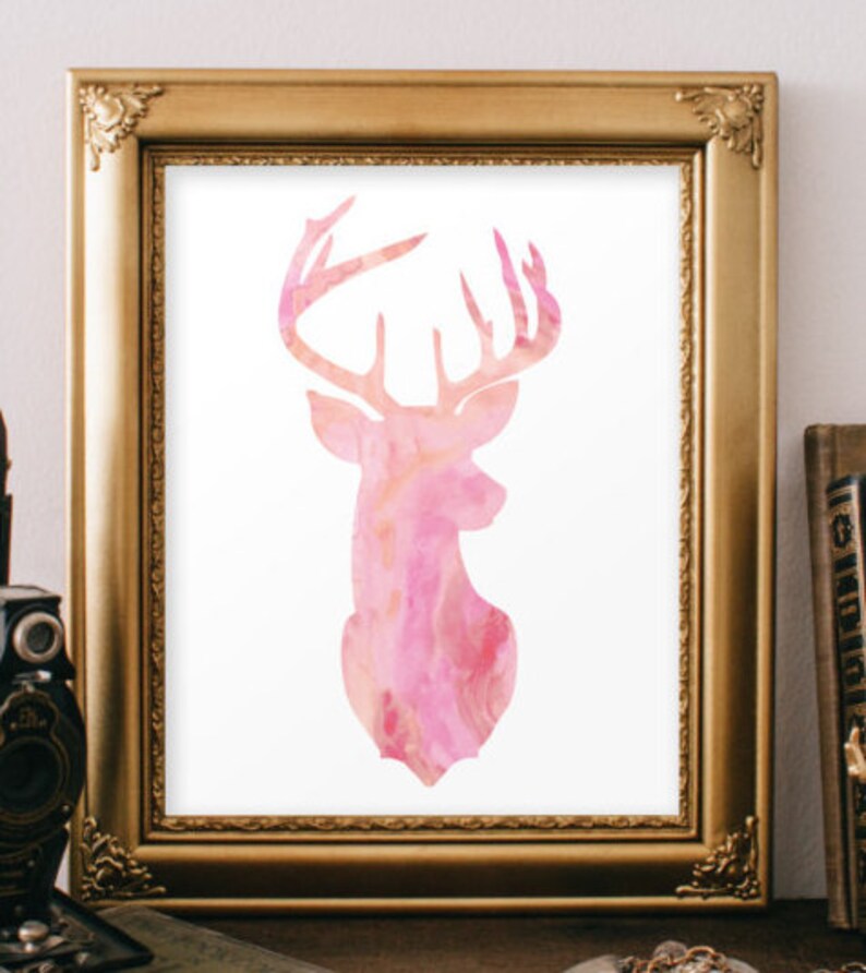 Pink watercolor print Pink deer Pink antlers Printable art | Etsy