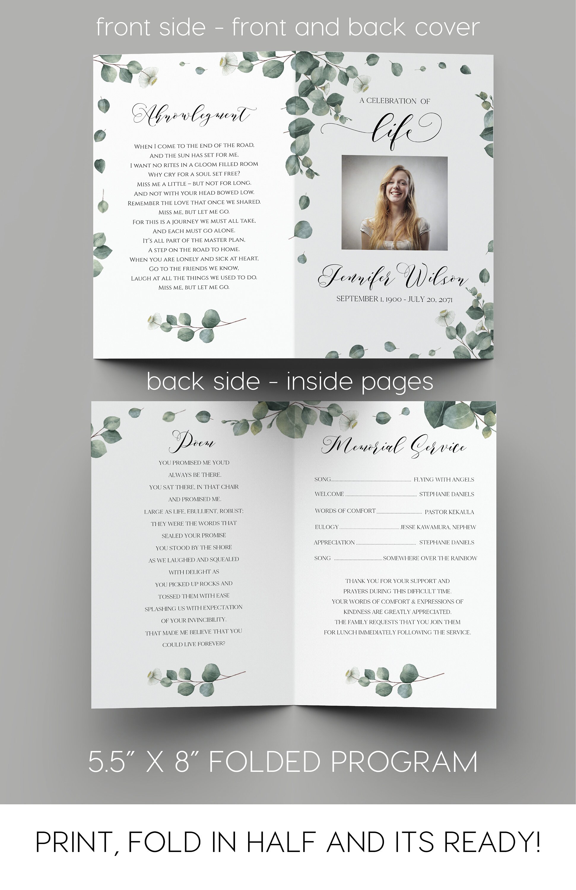 Celebration of Life Program Template, Folded Funeral Program Template ...