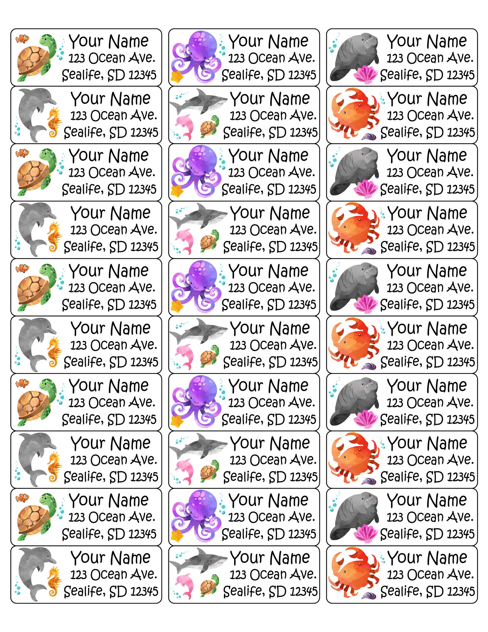 Sea Creatures Address Labels, Mailing Labels - Etsy