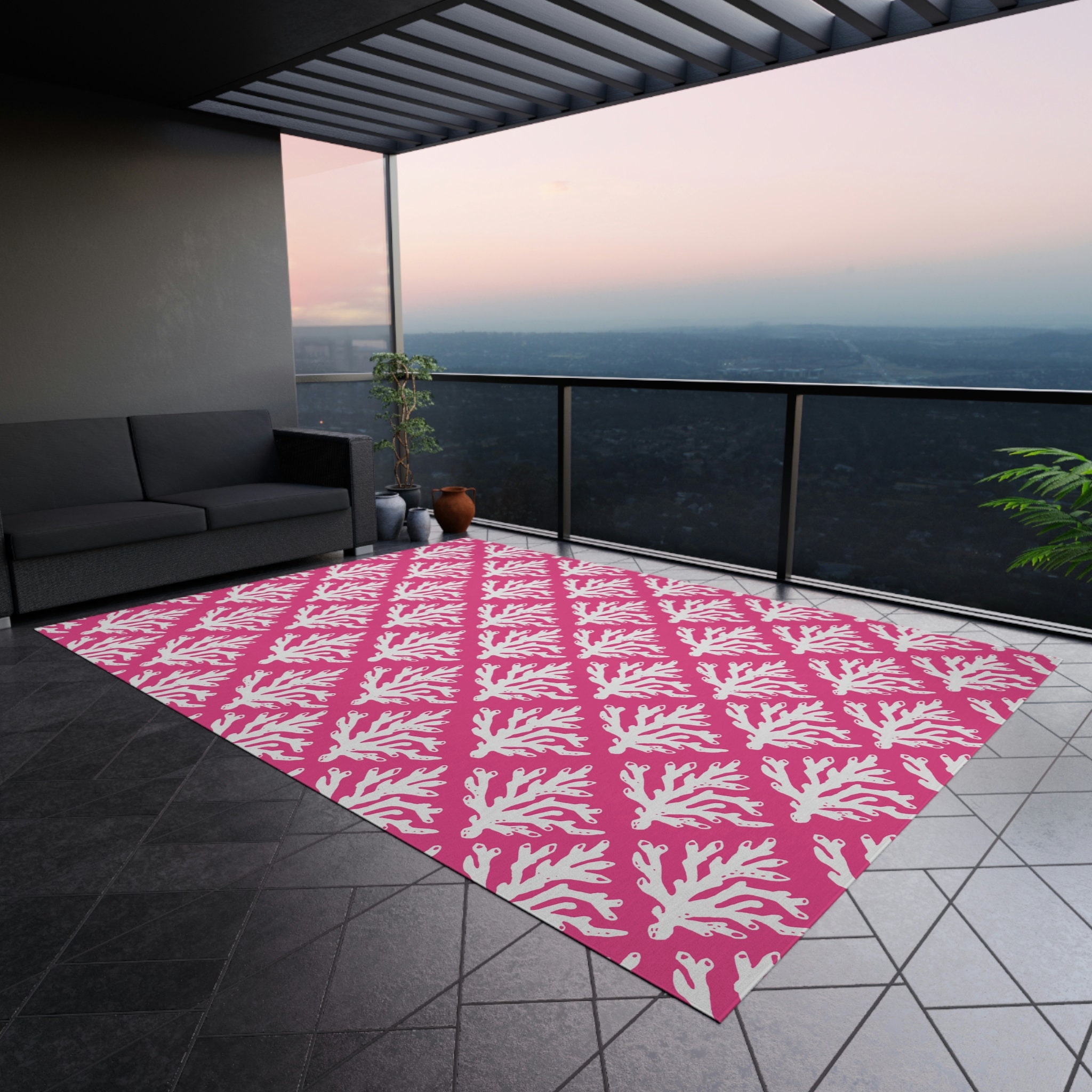 Hot Pink and White Outdoor Rug | Coral Branch Block Print | Porch Rug ...