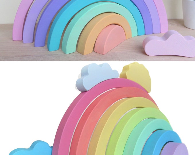 Rainbow Stacker With Cloud, Wooden Balancing Game, Pastel Rainbow ...