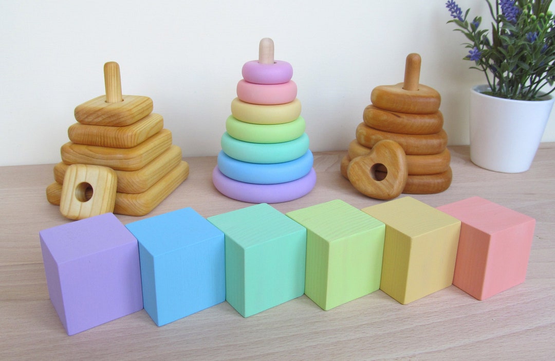 Wooden Blocks - Rainbow PASTEL Blocks - Organic Wooden Toddler Toys ...