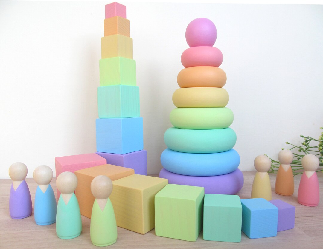 Wooden Ring Stacker Toy, Rainbow PASTEL Wooden BLOCKS & Dolls, Stacking ...
