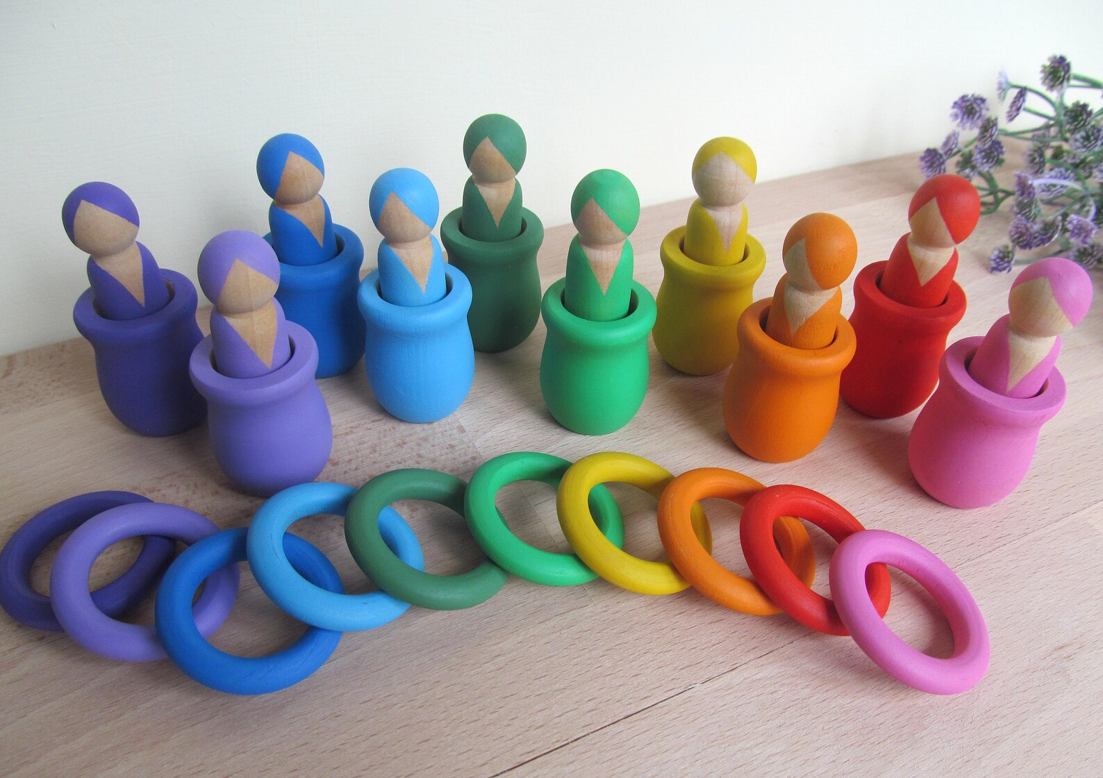 Gift Set 10 Rainbow Color Sorting Peg Dolls in Cups Sorting - Etsy