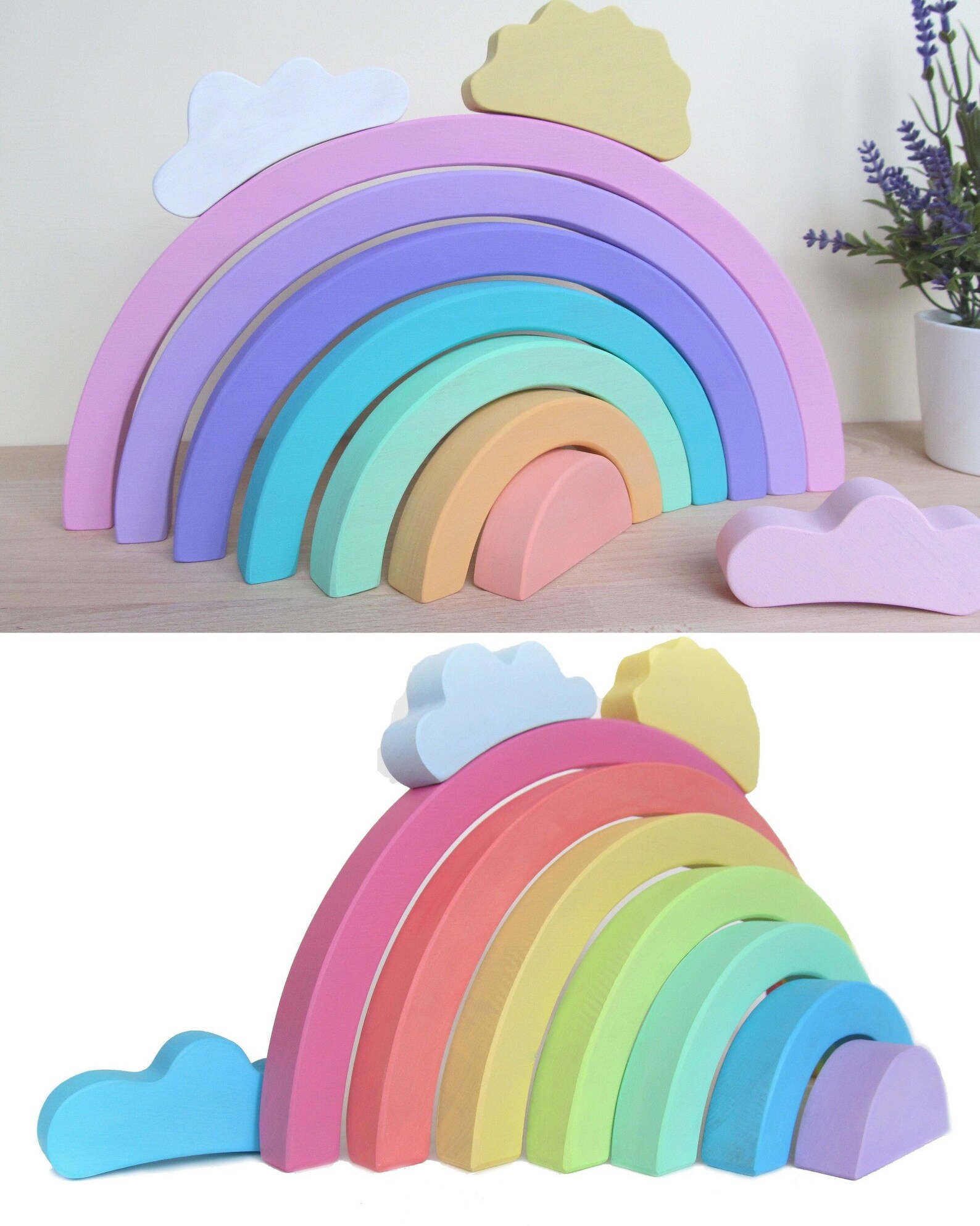 Rainbow Stacker With Cloud Wooden Balancing Game Pastel - Etsy