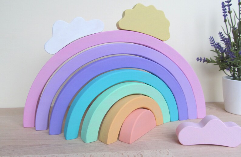 Rainbow Stacker With Cloud Wooden Balancing Game Pastel - Etsy