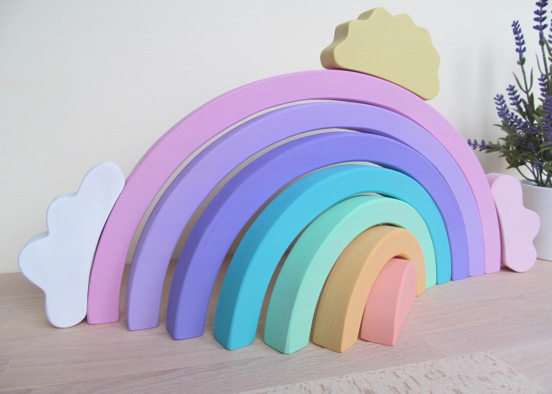 Rainbow Stacker With Cloud, Wooden Balancing Game, Pastel Rainbow ...