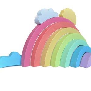 Rainbow Stacker With Cloud, Wooden Balancing Game, Pastel Rainbow ...