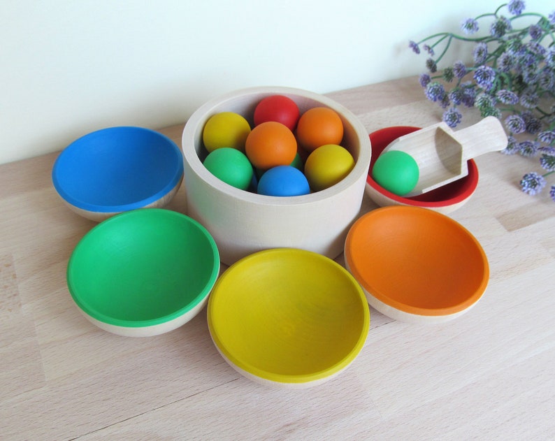 Sorting toy Gift Wooden Rainbow Bowls and 15 or 20 Balls | Etsy
