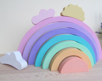 Rainbow Stacker With Cloud Wooden Balancing Game Pastel | Etsy