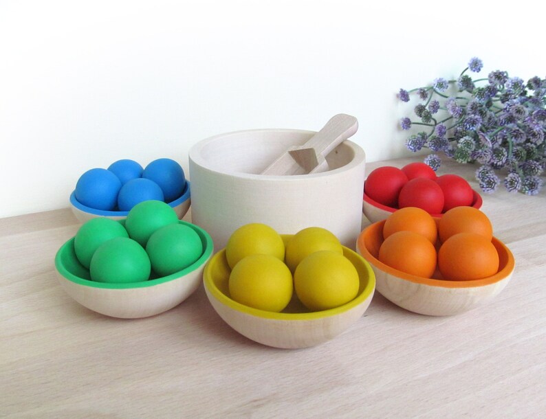 Sorting Toy Gift Wooden Rainbow Bowls and 15 or 20 Balls - Etsy