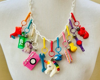 Vintage 1980's Plastic Bell Charm Necklace 80's Plastic Clip-on Charms ...