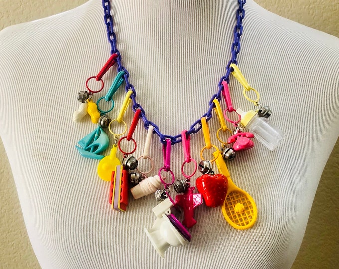 Vintage 1980's Plastic Bell Charm Necklace | 80's Plastic Clip-on ...