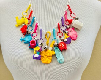 Vintage 1980's Plastic Bell Charm Necklace | 80's Plastic Clip-on ...