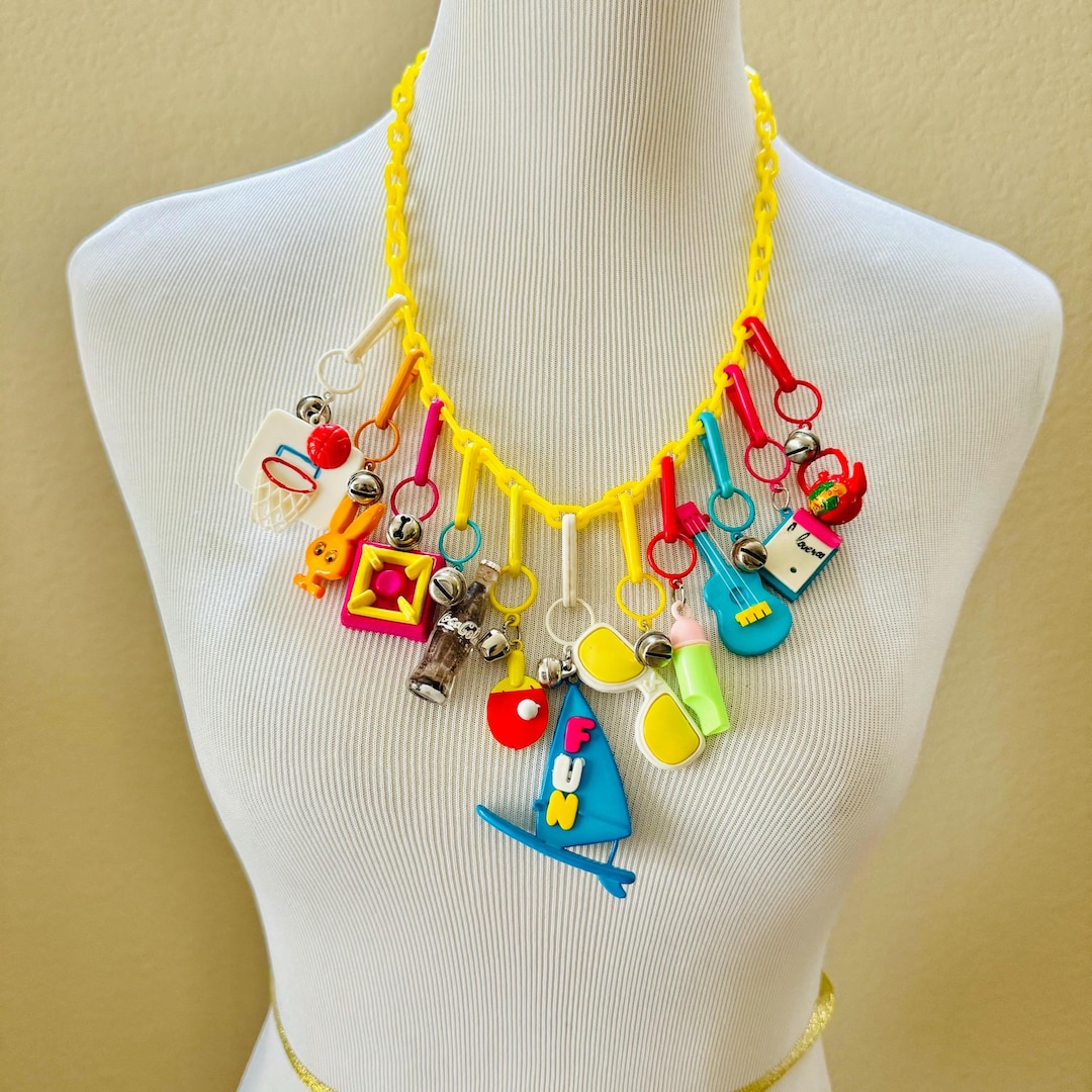 Vintage 1980's Plastic Bell Charm Necklace | 80's Plastic Clip-on ...
