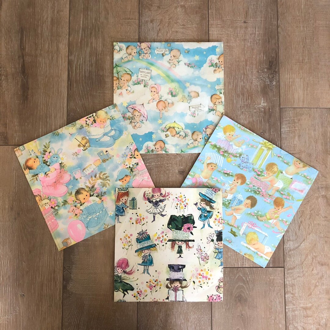 Vintage Wrapping Paper Lot of Retro Gift Wrap Vintage Baby Shower and ...