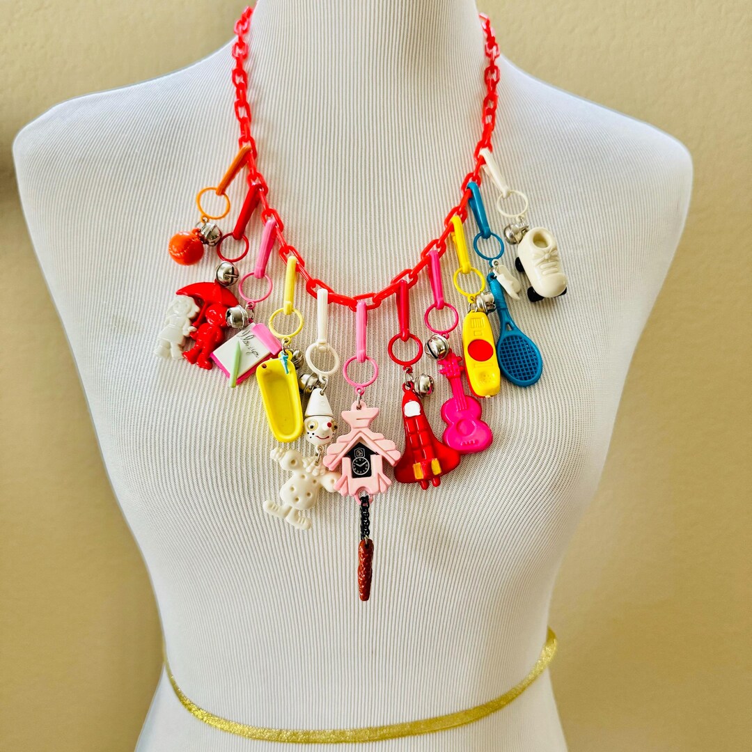 Vintage 1980's Plastic Bell Charm Necklace 80's Plastic Clip-on Charms ...