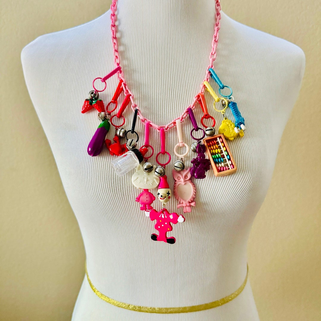 Vintage 1980's Plastic Bell Charm Necklace | 80's Plastic Clip-on ...