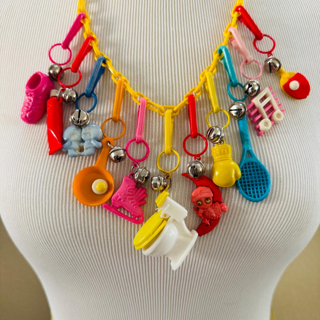 Vintage 1980's Plastic Bell Charm Necklace | 80's Plastic Clip-on ...