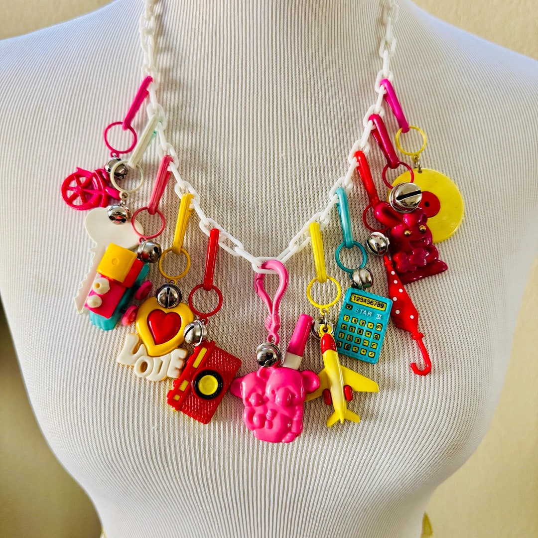 Vintage 1980's Plastic Bell Charm Necklace 80's Plastic Clip-on Charms ...