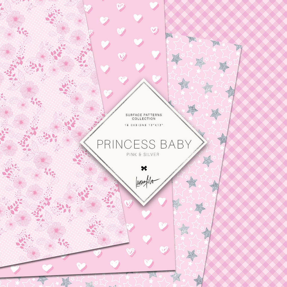 Baby Girl Digital Paper Pack Pink Grey Backgrounds Princess | Etsy